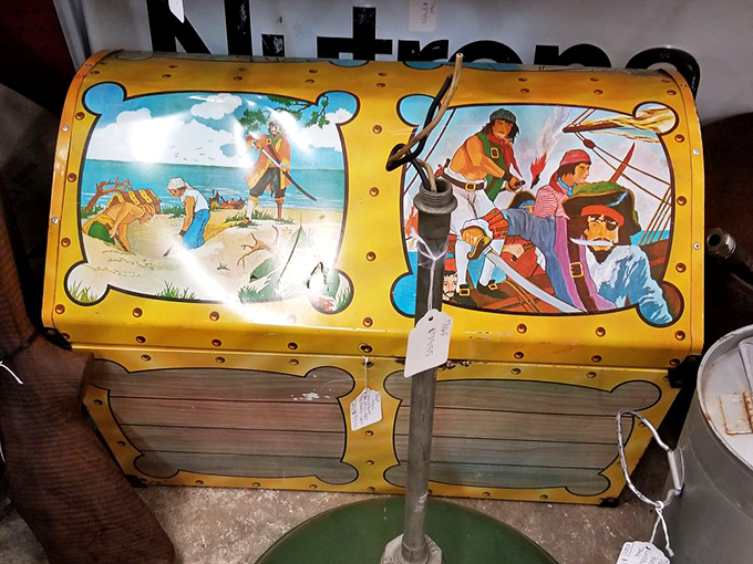 This pirate treasure chest didn't hold gold doubloons, but carried countless childhood adventures. The painted scenes promise voyages your iPad could never deliver. 