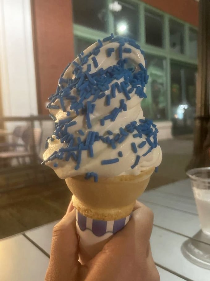 Soft-serve perfection crowned with blue sprinkles—the dessert equivalent of that perfect high note at the end of a great song.