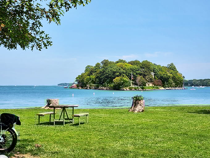 Island magic: Where picnic tables become thrones and every visitor temporarily owns a slice of Great Lakes paradise.