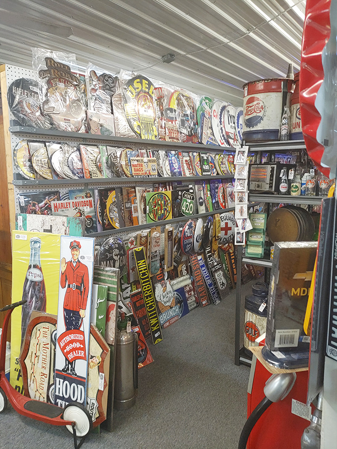 Advertising archaeology at its finest! These vintage metal signs transform ordinary walls into museums of American commercial art.