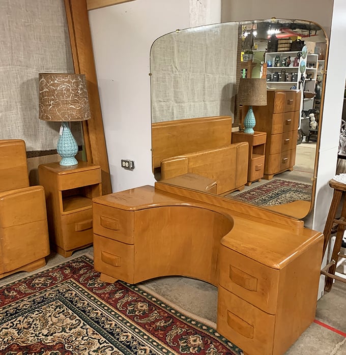 This art deco vanity isn't just furniture – it's where your grandmother perfected her victory rolls while listening to news about V-E Day.