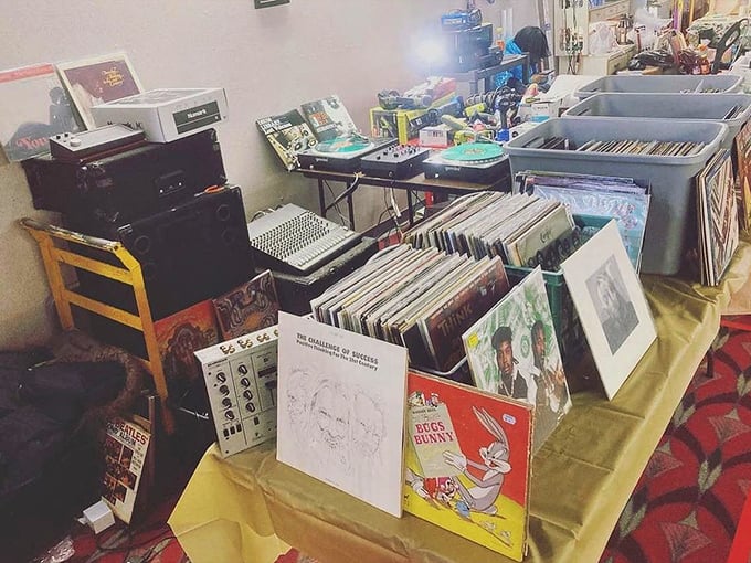 Vinyl records stack like musical time capsules, each album holding the soundtrack to someone's golden years.