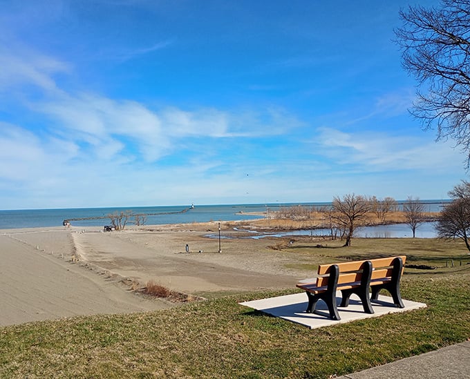 Three benches, one spectacular Lake Erie view—sometimes the simplest pleasures at Walnut Beach Park are the most profound.