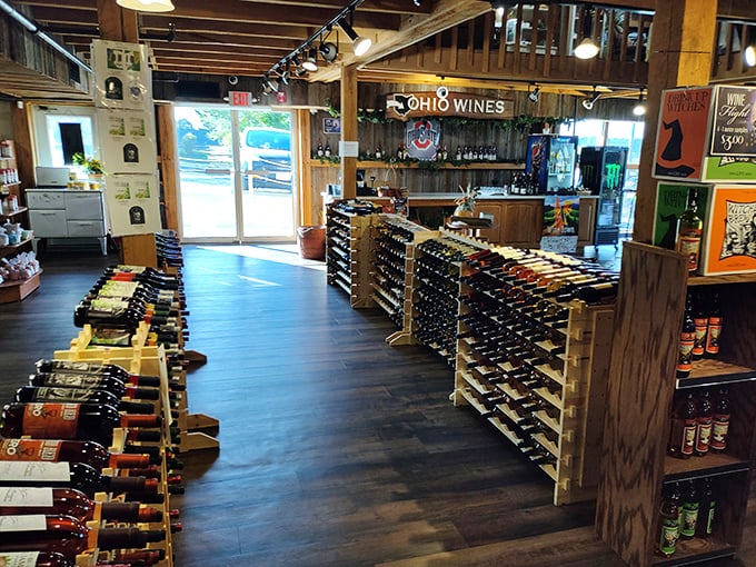 Ohio wines line the shelves like liquid souvenirs. Because nothing says "I remembered you" like a bottle from Amish Country.