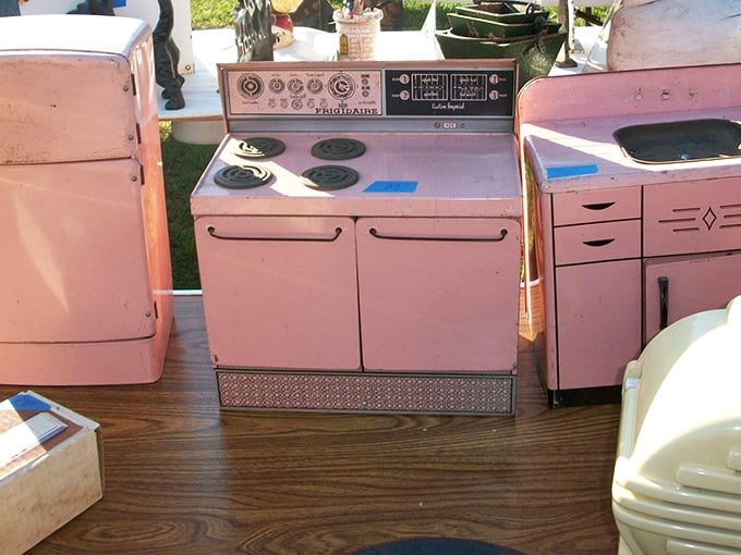Pink appliances from the 1950s stand ready for their retro revival. These pastel kitchen queens once ruled suburban homes and now await adoption by nostalgic decorators.