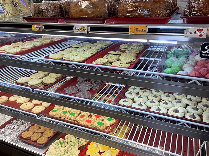 Cookie heaven exists in Laughlintown! This display case offers a United Nations of sweet treats, from classic chocolate chip to festive holiday varieties.