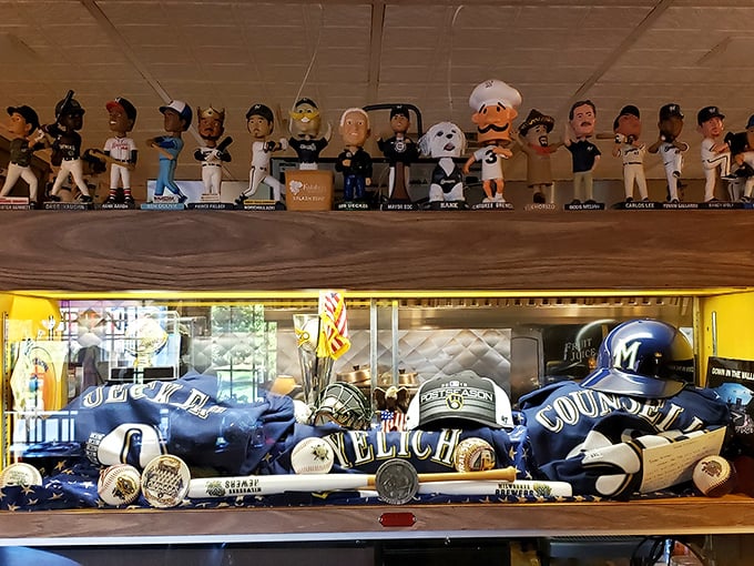 Milwaukee baseball treasures line the display case—a shrine to America's pastime that pairs perfectly with America's comfort food.