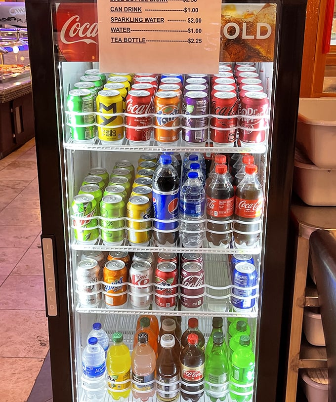 The beverage station—because all great buffet strategists know hydration is key to maximizing your return on investment.