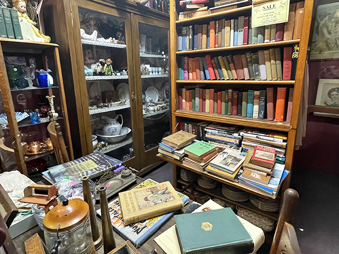 Literary treasures stacked alongside vintage china – the perfect corner for anyone who enjoys both reading and the occasional decorative teacup.