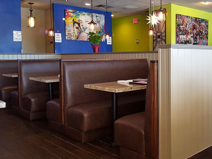 Comfortable booths designed for the serious business of breakfast consumption. The kind of seating that says, "Take your time, order another round of pancakes."