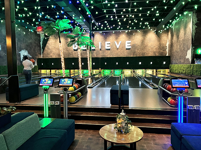 "BELIEVE" the sign says, and you will – in the power of bowling to make adults giggle like kids. Sleek lanes under twinkling lights redefine date night.