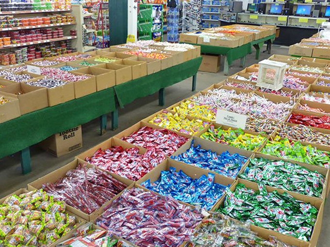 Childhood candy dreams come true in boxes organized by color and nostalgic memory triggers.