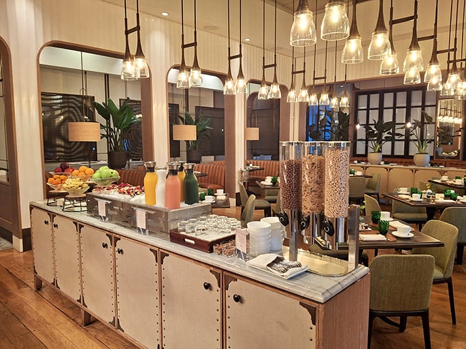 Morning fuel station featuring cereals, juices, and fruits that jumpstart your day with style.