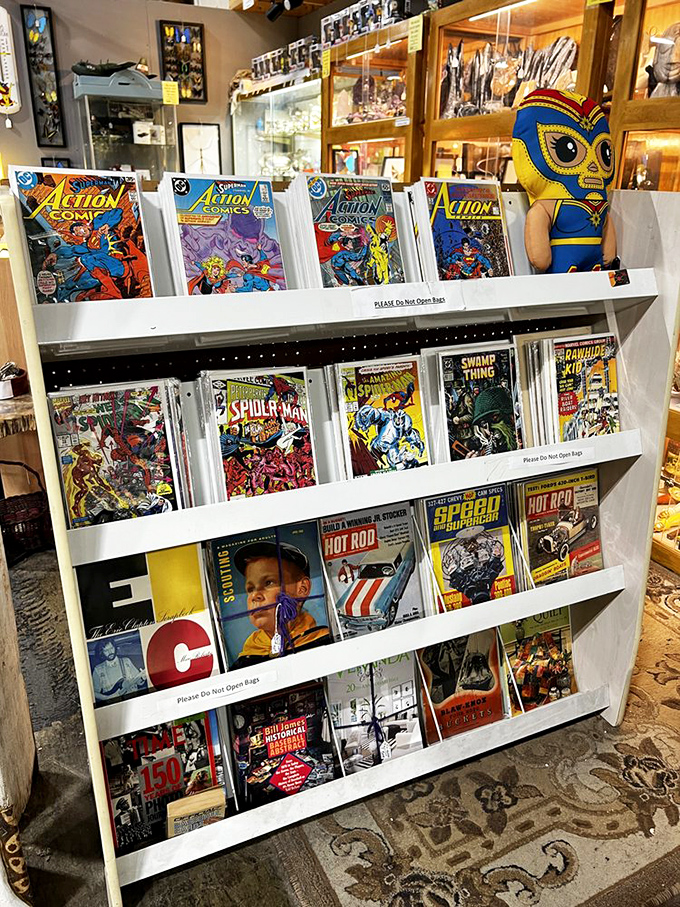 Comic book heaven for collectors – Superman, Batman, and childhood memories all preserved behind plastic.