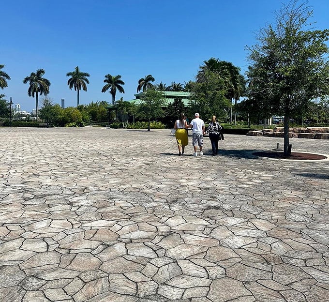 Wide open spaces surrounding mythological mayhem. The plaza design gives everyone plenty of room to find their perfect selfie angle.