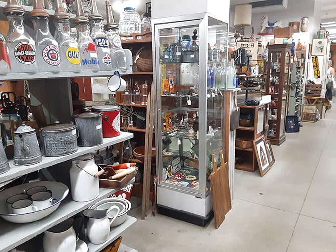 Vintage bottles from Gulf, Mobil, and other petroleum giants line the shelves alongside enamelware that's outlasted several kitchen renovations. They truly don't make them like this anymore.
