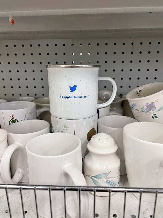 Mugs with corporate logos tell silent tales of tech companies past and present—Silicon Valley history at $1.99 each.