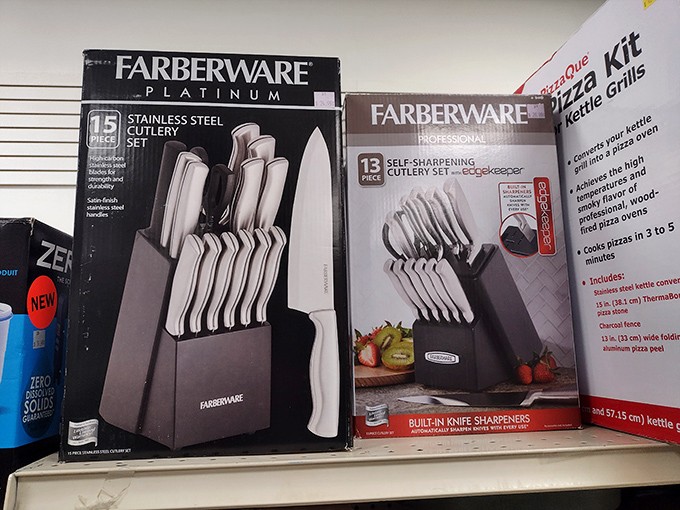 Brand new knife sets still in boxes prove that someone's wedding registry overflow is your kitchen upgrade opportunity.