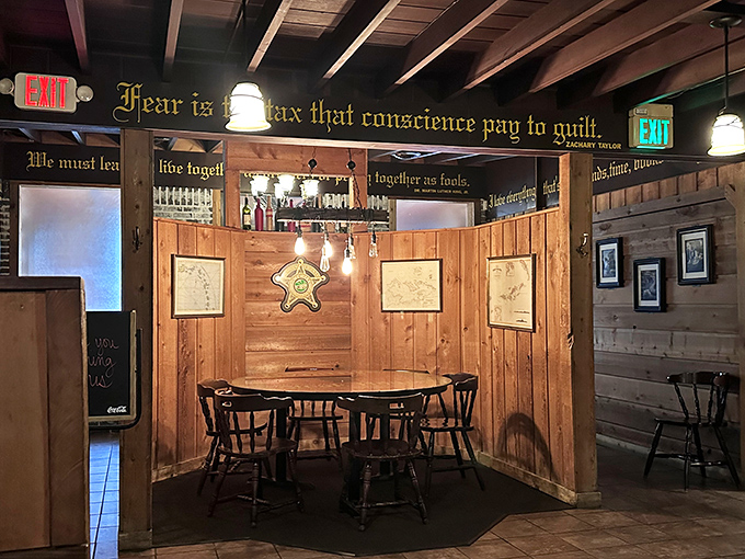 "Fear is the tax that conscience pay to guilt"—philosophical dining where the wooden booths have probably heard more confessions than most priests.