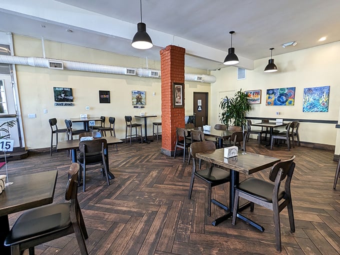 Simple tables and chairs that say, "We put our energy into the food, not fancy furniture"—and you'll be thankful they did.