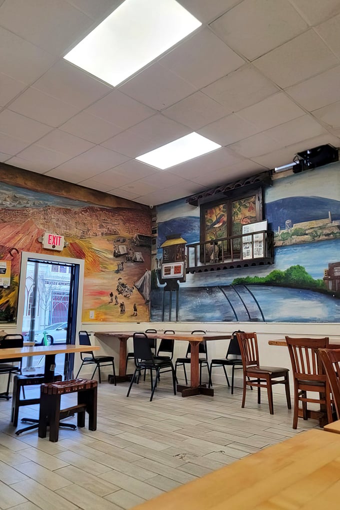 The dining room's murals tell stories of two worlds – much like the food that bridges cultures on your plate.