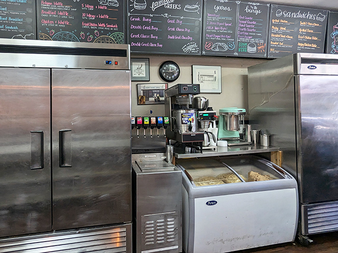 Behind the scenes, the drink station stands ready for the lunchtime rush—a caffeinated command center of diner operations.