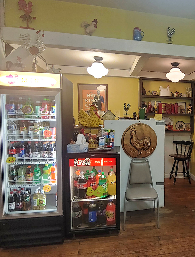 Thirst quenchers line up like colorful soldiers. The beverage selection stands ready to combat the delicious heat of perfectly spiced chicken.
