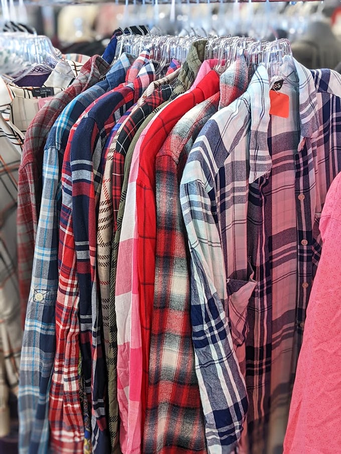 Flannel shirts hang like a lumberjack's dream closet, offering cozy warmth and that "I might build something today" confidence for under $10. 