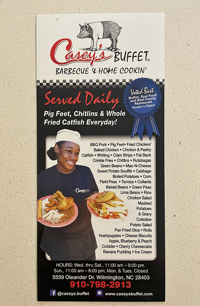 The menu flyer proudly announces "Pig Feet, Chitlins & Whole Fried Catfish Everyday!" This isn't food for the timid—it's a celebration of tradition.