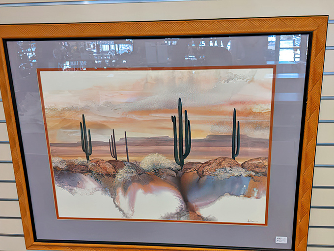 Desert sunset captured in watercolor—the quintessential Arizona artwork that's found its way from someone's living room to yours.