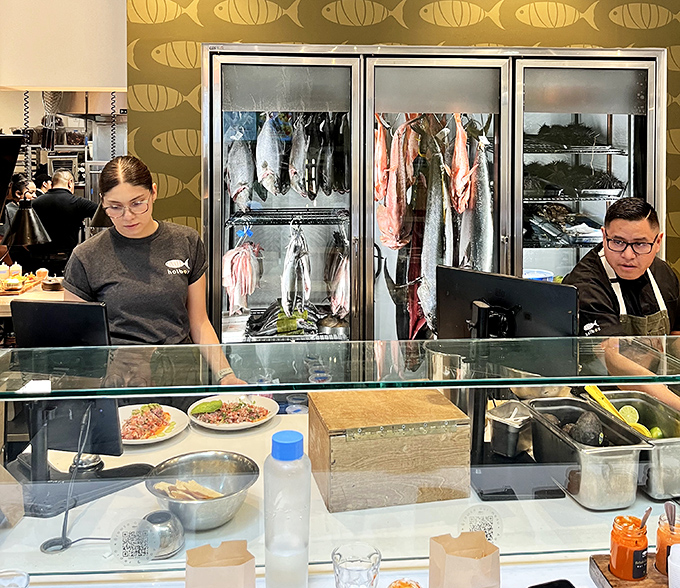 Behind glass, the day's catch awaits transformation—a display case that's equal parts promise and temptation.