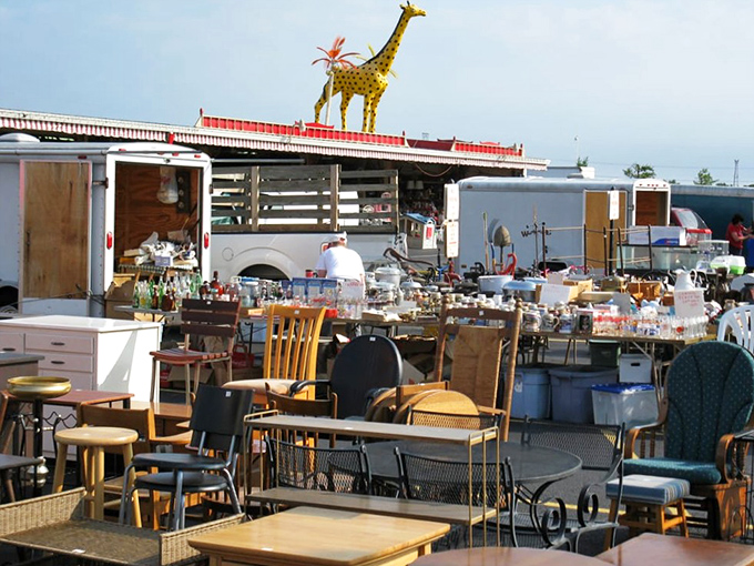 Outdoor treasure hunting at its finest. That giraffe on the roof isn't just decoration—it's a landmark for when you inevitably text friends "I'm lost in furniture land."