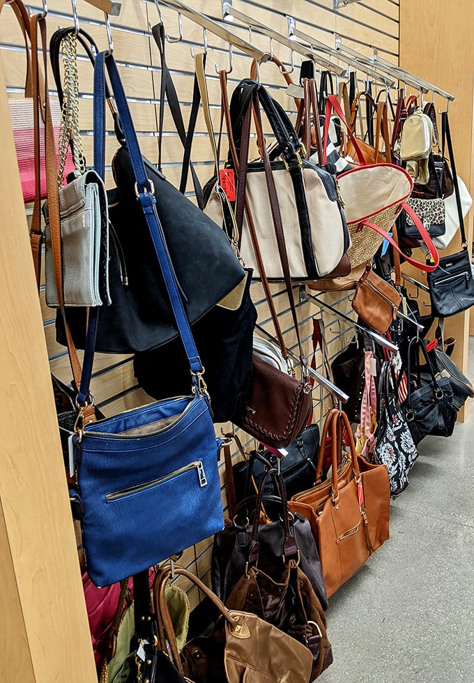 Handbag heaven hanging in perfect formation—leather treasures and designer knockoffs sharing the same real estate like old friends at a reunion.