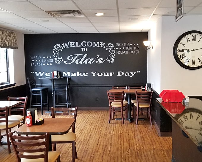 The chalkboard wall doesn't just welcome you—it lists all the ways Ida's plans to make your stomach happy.