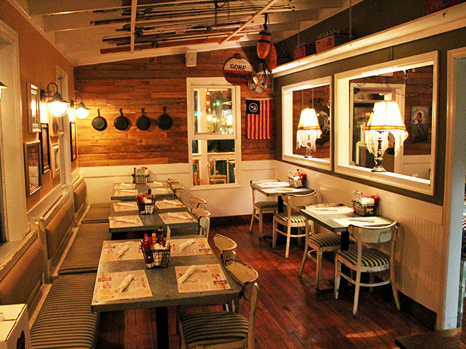 The dining room feels like eating in a lovingly restored ship's cabin – nautical without crossing into tacky "theme restaurant" territory.