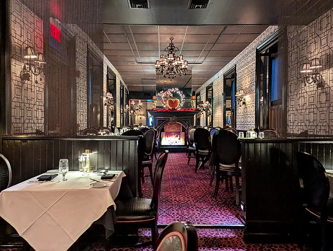 The dining room stretches before you like a runway of culinary possibilities. That chandelier has witnessed countless "mmm" moments.
