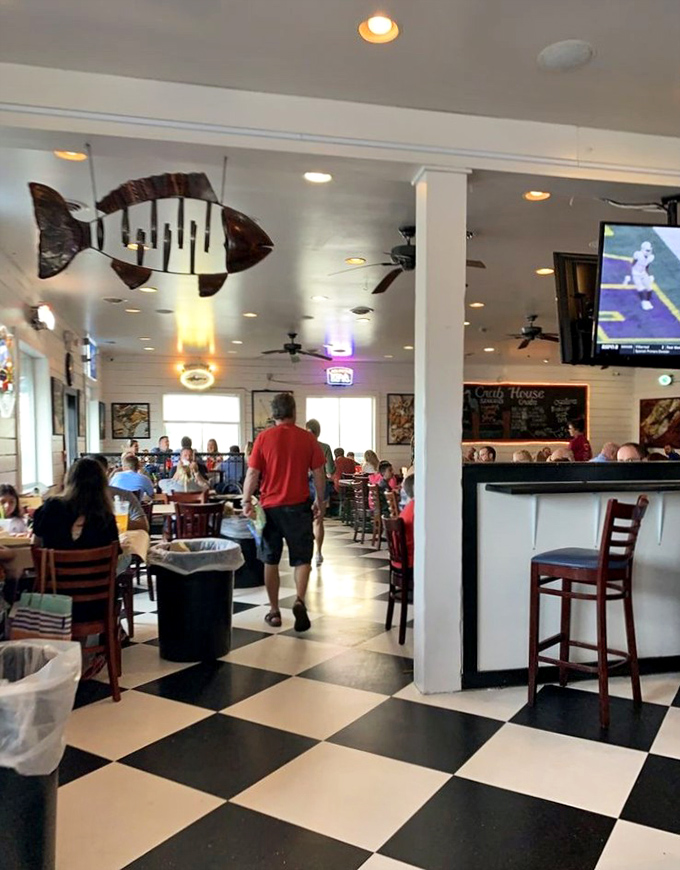 Another angle reveals more checkered floors and maritime charm – it's like eating inside a friendly lighthouse.