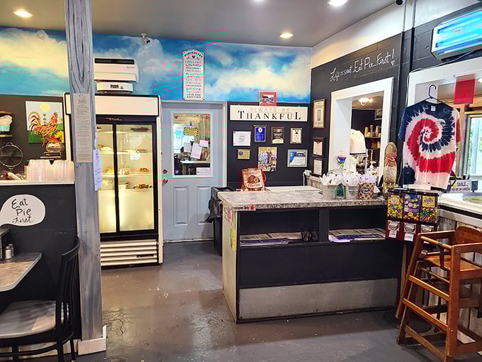The pie shop section beckons with its display case—a glass-fronted temple to the religion of homemade desserts that would convert even the most devoted dieter. 