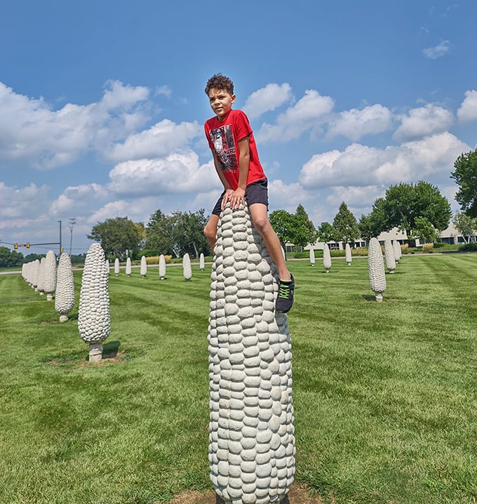 Kids can't resist climbing (though they shouldn't) on these massive monuments to maize, turning a simple art installation into an adventure playground.
