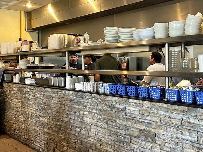 Behind the scenes magic where breakfast dreams come true—notice the military precision of those prep stations.