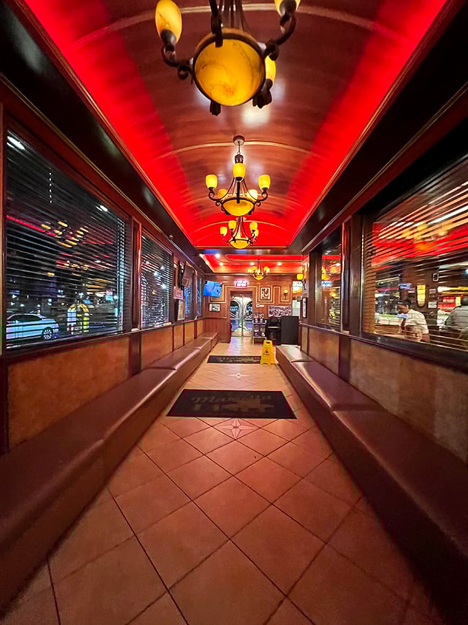 The entrance hallway glows with a red ceiling that says, "Abandon your diet, all ye who enter here"—a delicious warning of what's to come.