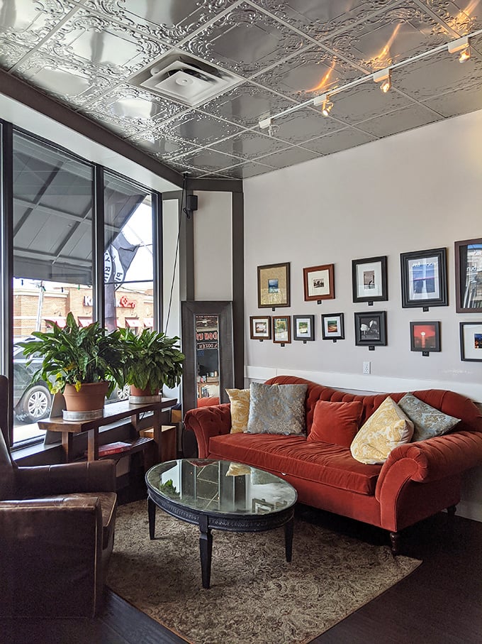 The lounge area invites you to sink into that velvet sofa and contemplate the deeper meaning of life—or just enjoy your donut in style.