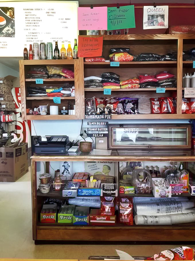 The snack selection rivals your childhood dreams, with homemade pies stealing the spotlight from their mass-produced neighbors.
