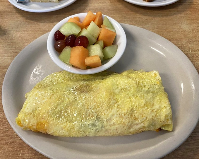A perfect omelet with a fruit cup chaser. Breakfast balance at its finest—you can almost hear your doctor approving.