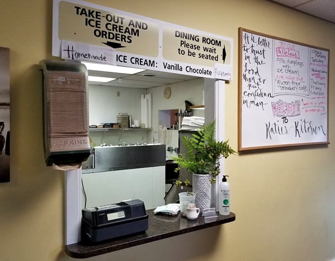 The order counter promises homemade ice cream alongside dining options—proving Katie's Kitchen understands the importance of ending a meal on a sweet note.