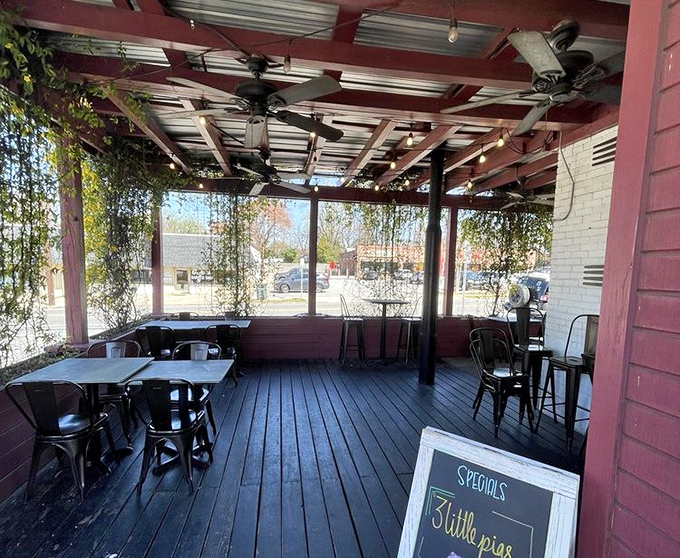 The outdoor patio—nature's dining room where fresh air somehow makes everything taste even better, especially when "Skillet pies" are on special.