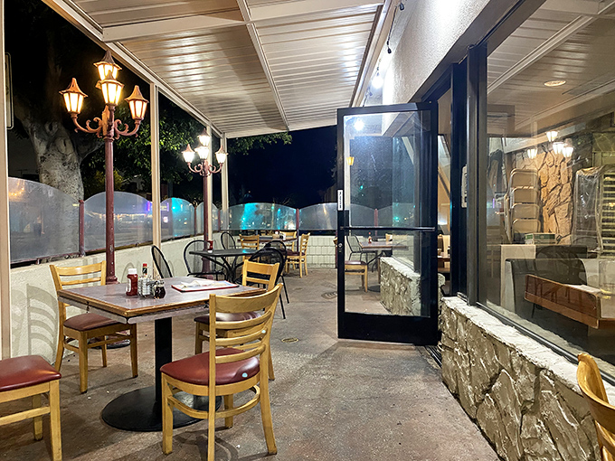 The outdoor seating area offers a front-row seat to Los Angeles nightlife, with the added bonus of pie accessibility.
