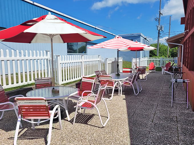 Outdoor seating with those classic red and white umbrellas – like sitting in a Norman Rockwell painting that serves really good pie.