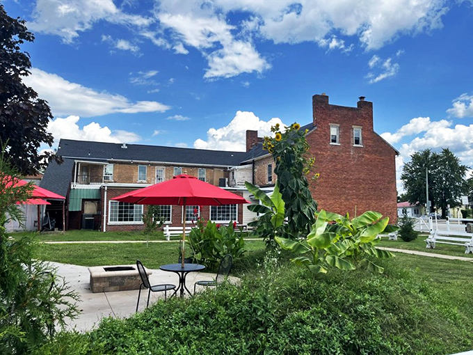 The outdoor seating area offers a breath of fresh air and a different perspective on this historic building, perfect for Ohio's gentler seasons.
