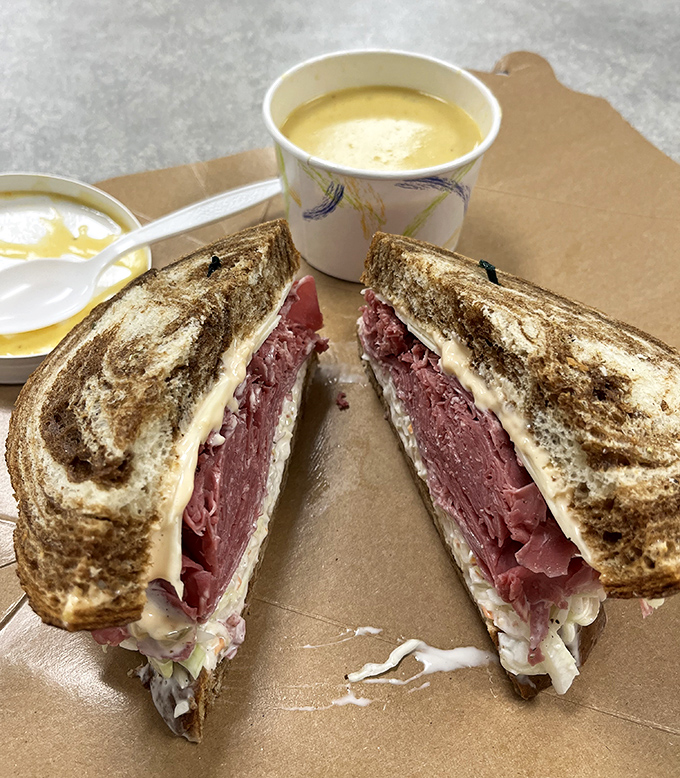 Pastrami on grilled rye with what appears to be homemade soup – a combination so perfect it makes you want to hug the chef.